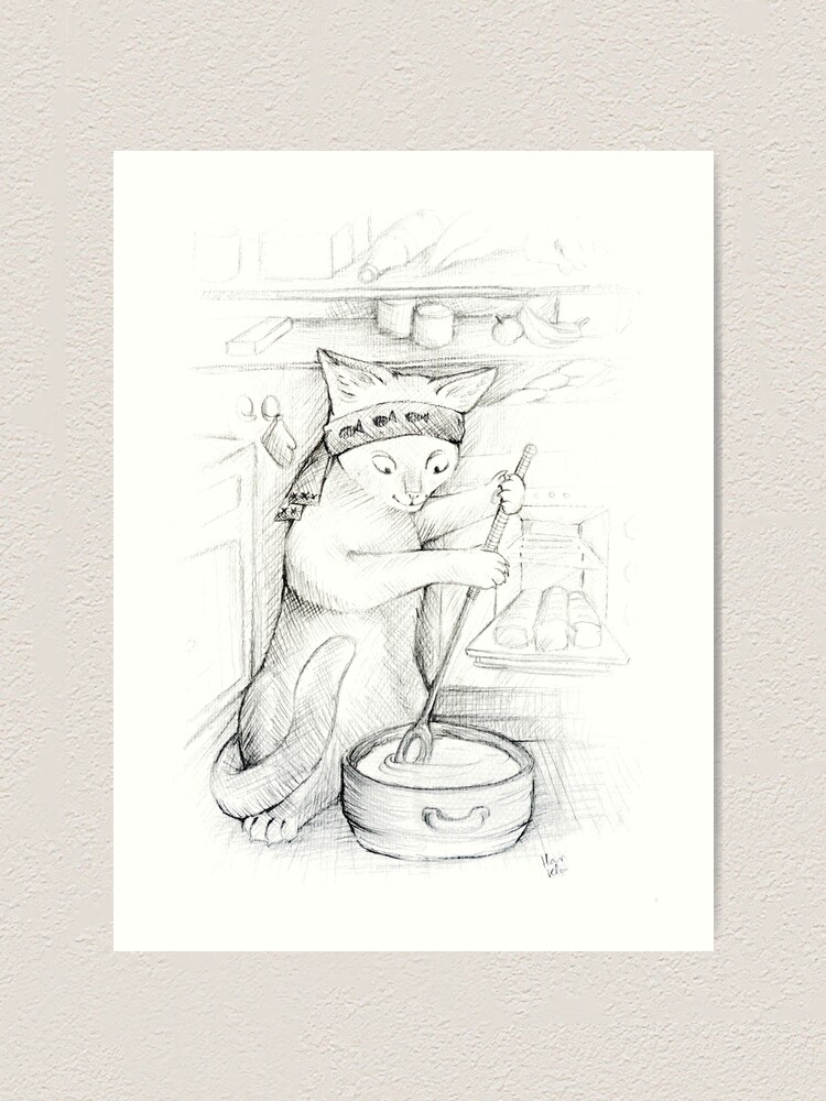 "Cat Cook Drawing" Art Print by HanKlaArt | Redbubble