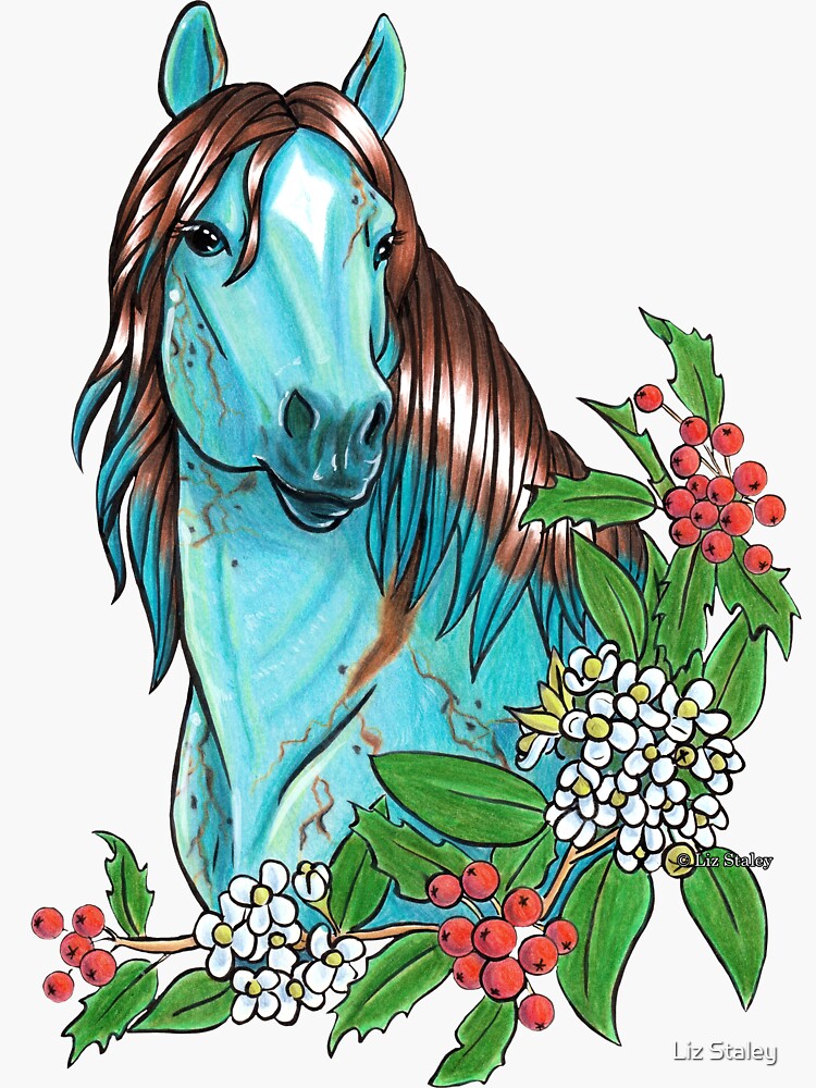 "Turquoise Horse with Holly" Sticker by DynamiteCandy | Redbubble