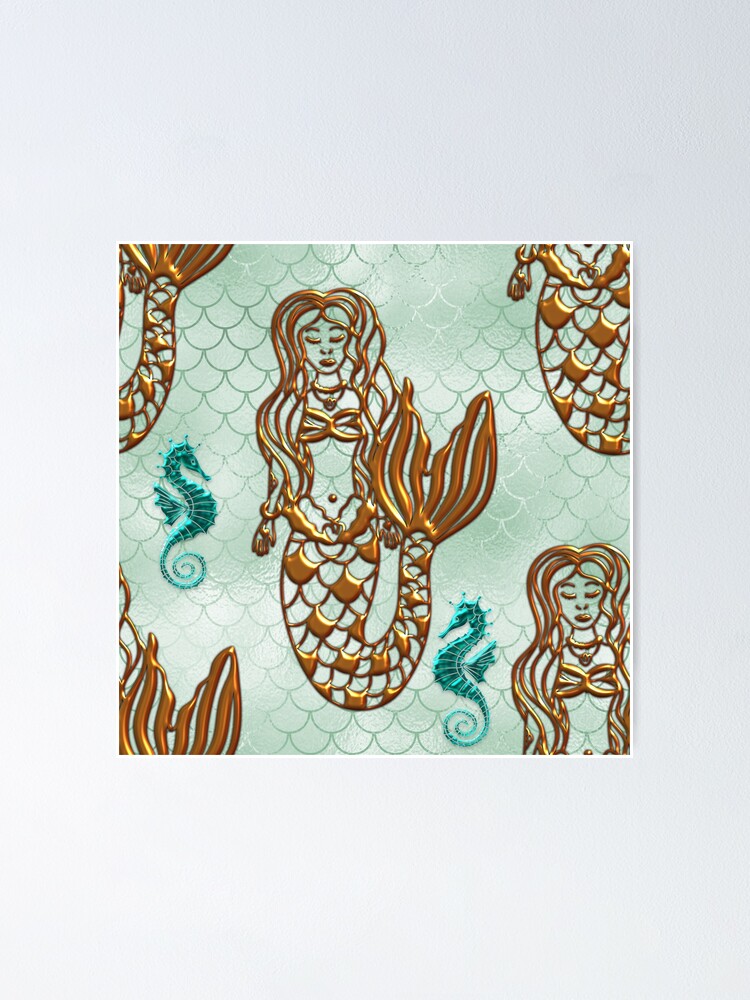 "Gold Mermaids on Teal Scales" Poster by GraphicAllusion | Redbubble