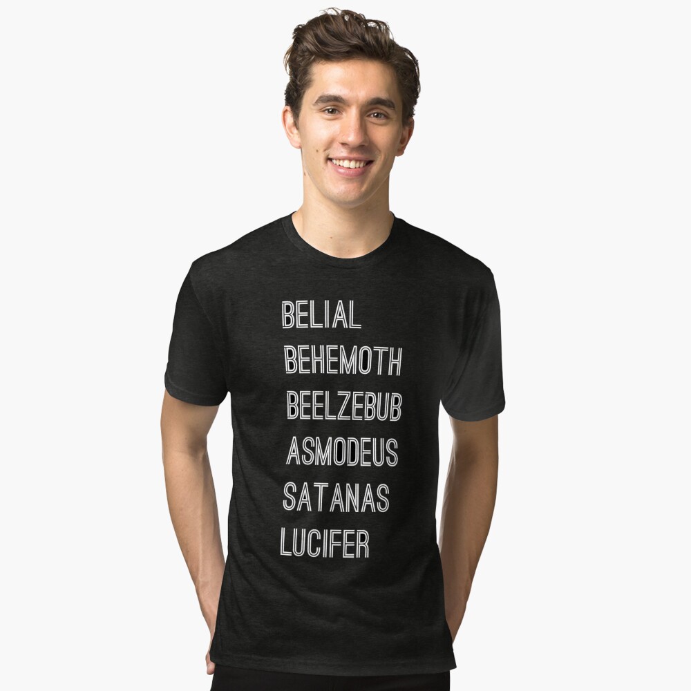 "Belial Behemoth Beelzebub Asmodeus Satanas Lucifer" Essential T-Shirt for Sale by ...