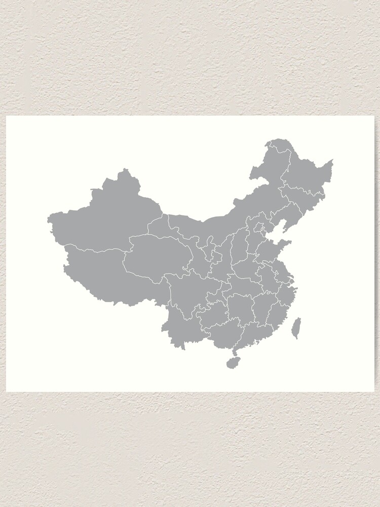"Map of China with provinces and borders in hi-res gray and white" Art ...