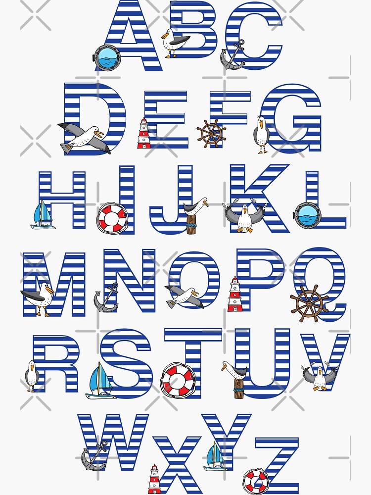 "Nautical Alphabet with Seagulls Anchors and Ships" Sticker for Sale by ...