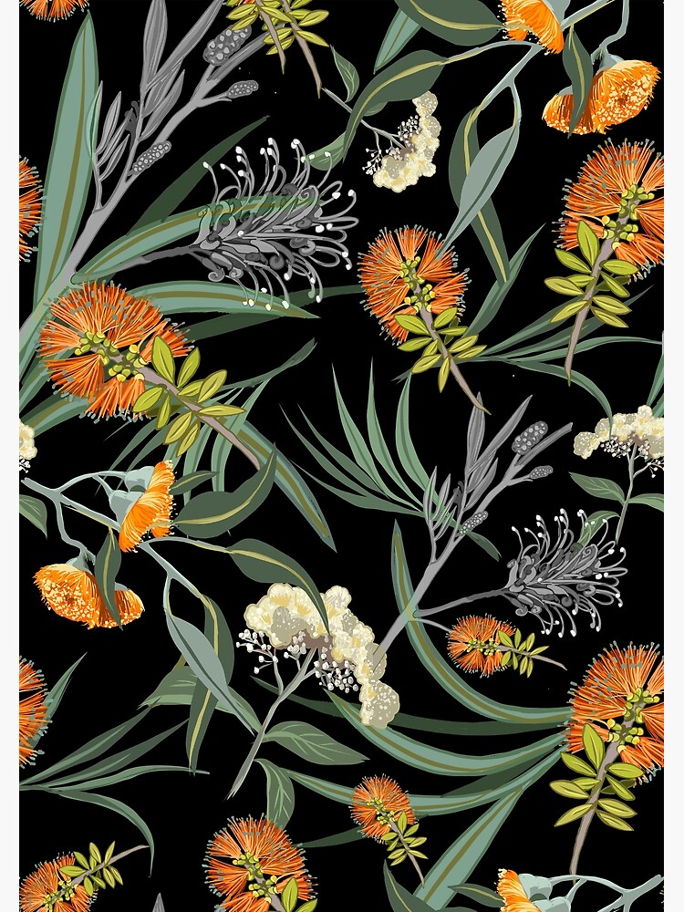 "Botanical Australian natives flora, orange, pattern, boho, banksia ...