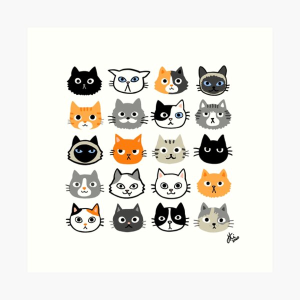 "Assorted Cat Faces | Cute Quirky Kitty Cat Drawings" Art Print by ...