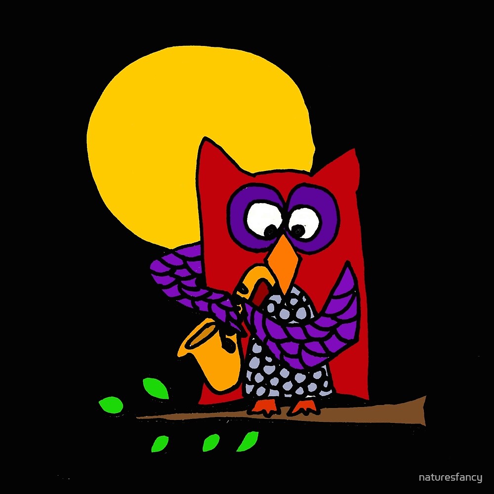 "Awesome Red and Blue Owl Playing Saxophone in Moonlight" by ...