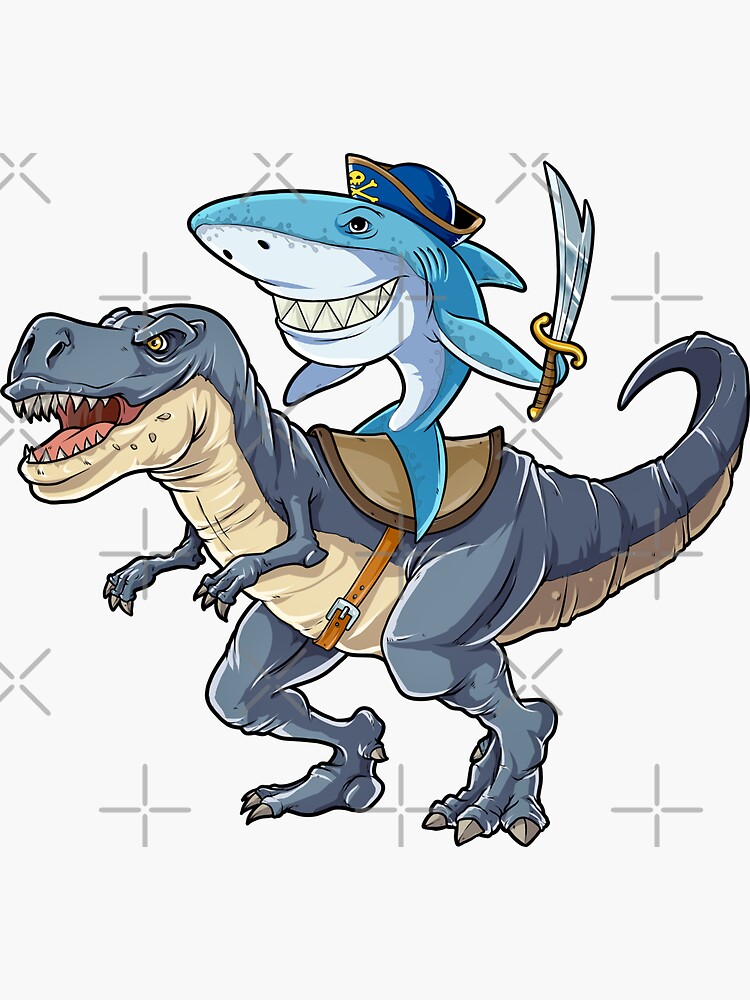 "Shark Riding Dinosaur T rex T Shirt Pirate Jawsome Tees Kids" Sticker ...