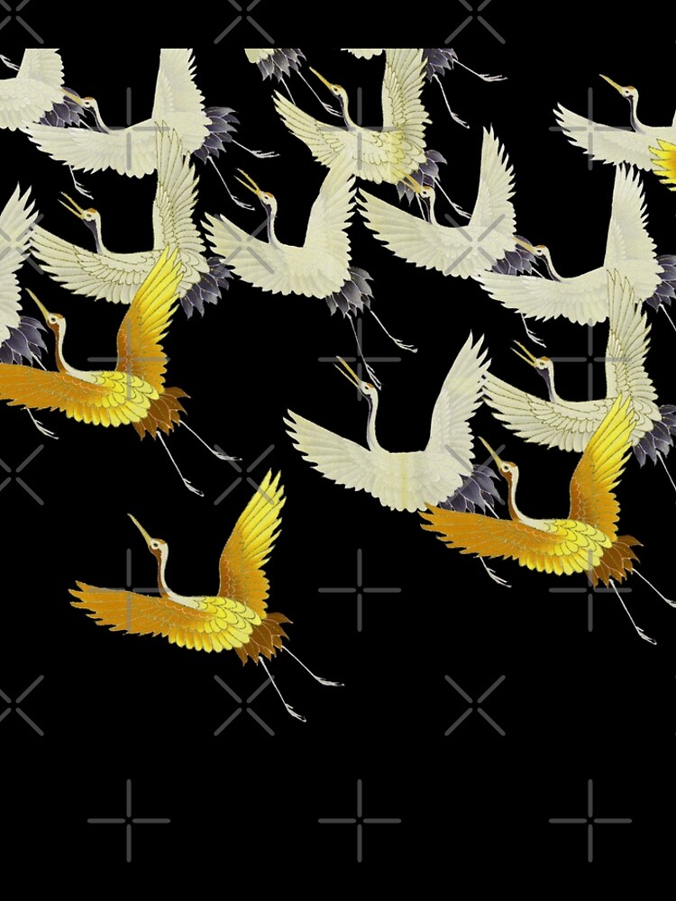 "GOLD YELLOW WHITE FLYING CRANES IN BLACK Japanese Pattern" Leggings ...