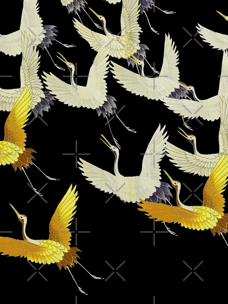 "GOLD YELLOW WHITE FLYING CRANES IN BLACK Japanese Pattern" Scarf by ...