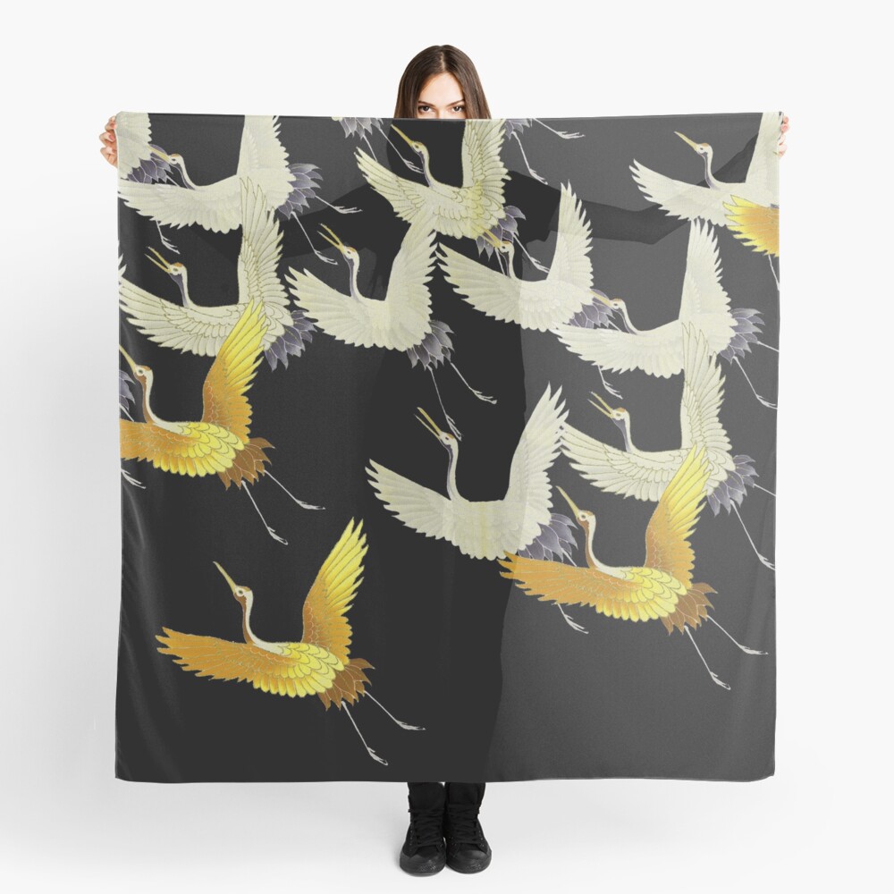 "GOLD YELLOW WHITE FLYING CRANES IN BLACK Japanese Pattern" Scarf by ...