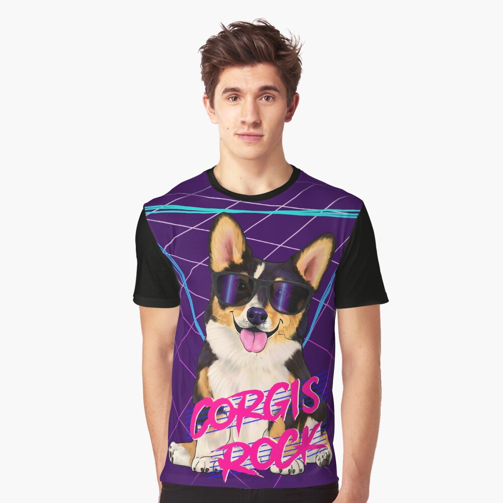 "Corgis rock - Tri-color corgi with sunglasses and 80s background ...