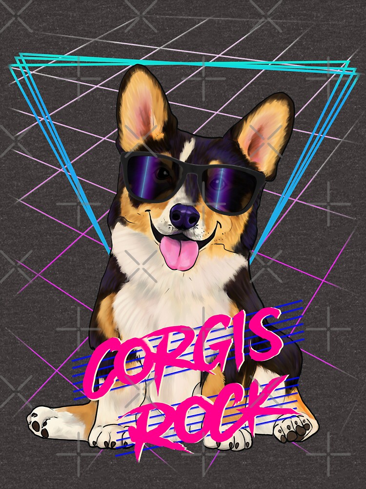 "Corgis rock - Tri-color corgi with sunglasses and 80s background" T ...