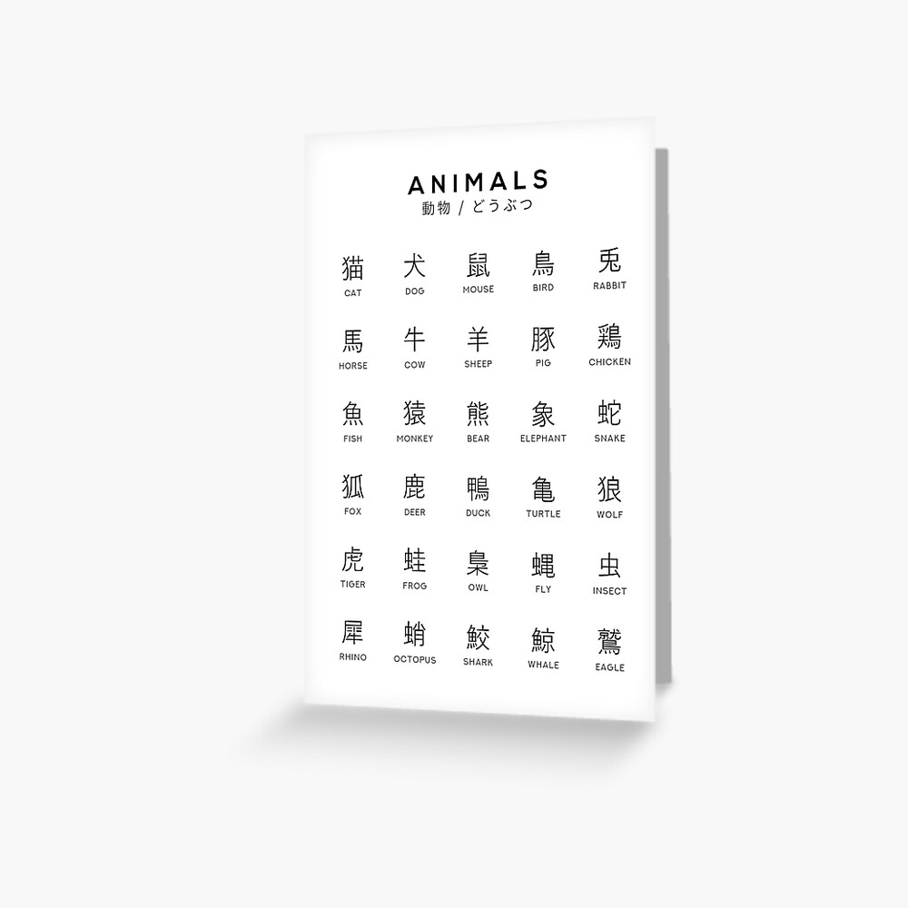 "Japanese Animal Chart - Animal Kanji Learning Chart - White" Greeting ...