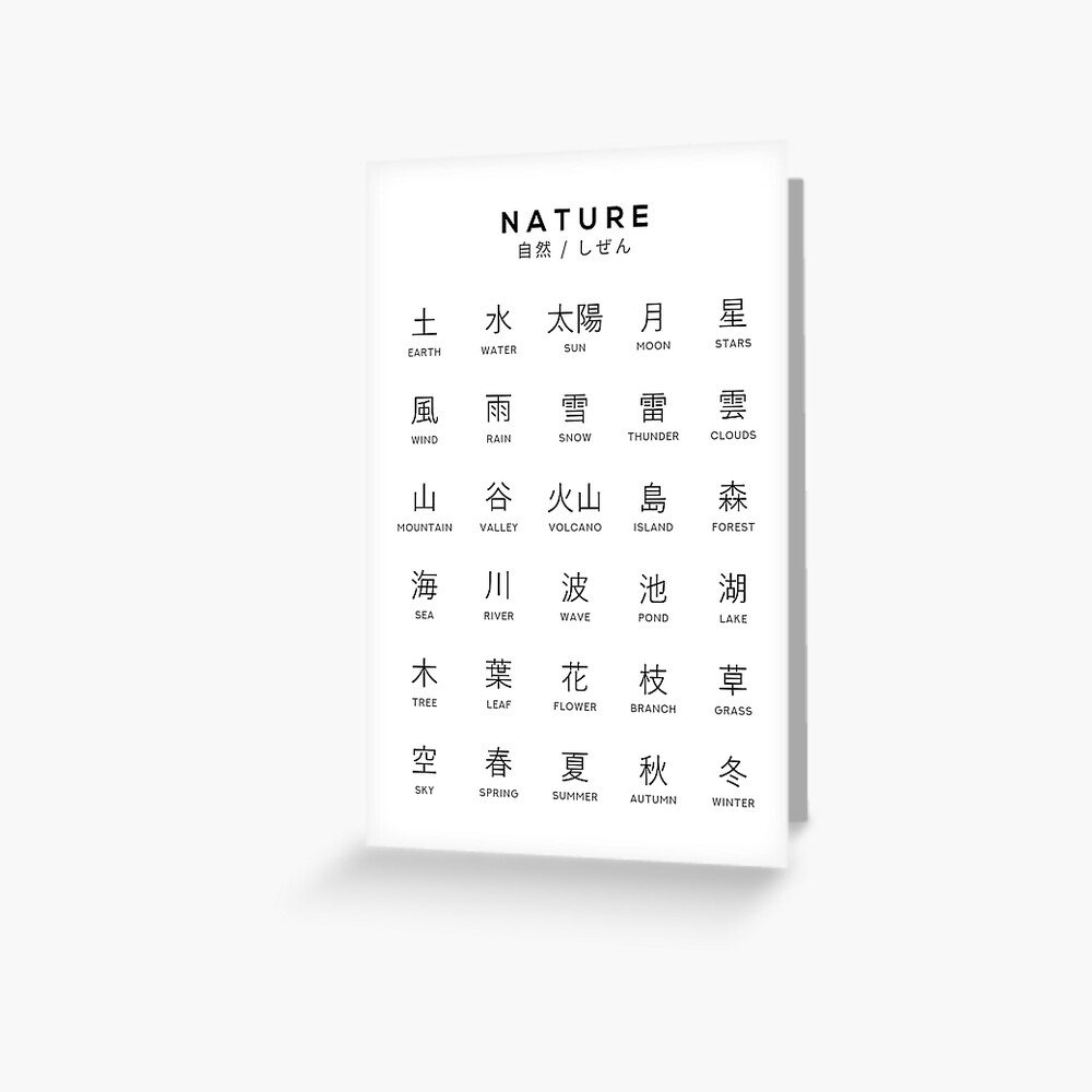 "Japanese Nature Chart - Nature Kanji Learning Chart - White" Greeting ...