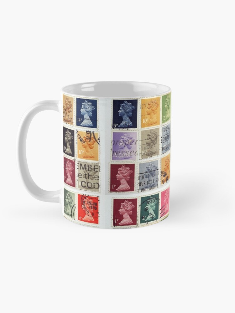 "British postage stamps with a Queen Elizabeth profile." Coffee Mug for ...
