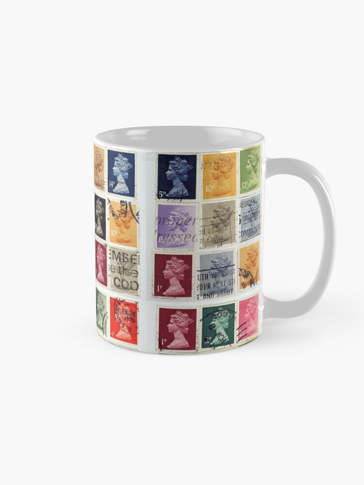 "British postage stamps with a Queen Elizabeth profile." Coffee Mug for ...