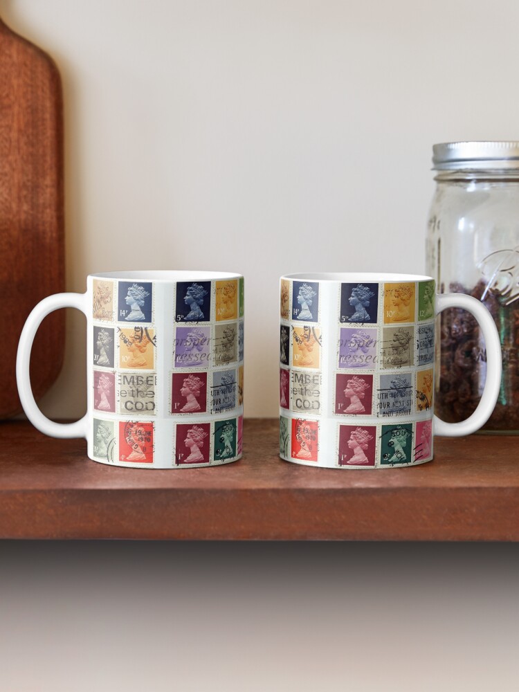 "British postage stamps with a Queen Elizabeth profile." Coffee Mug for ...