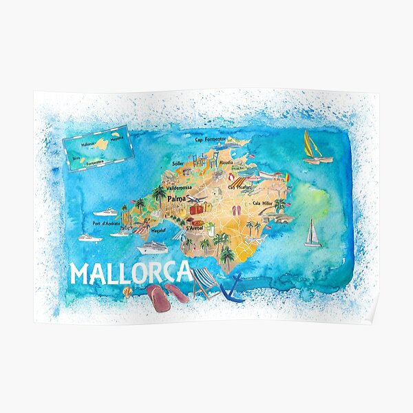 "Mallorca Spain Illustrated Map with Landmarks and Highlights " Poster ...