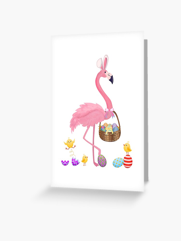 "Pretty Easter Flamingo with Easter Basket" Greeting Card for Sale by ...