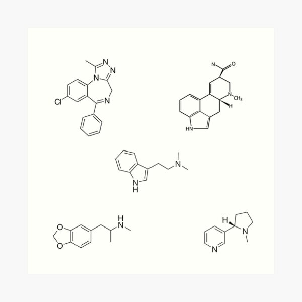 "Xanax, LSD, DMT, MDMA, Nicotine Chemical Structure Molecules Sticker ...