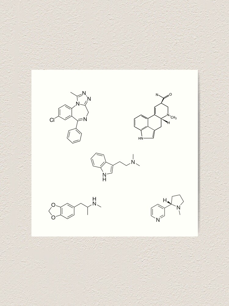 "Xanax, LSD, DMT, MDMA, Nicotine Chemical Structure Molecules Sticker ...