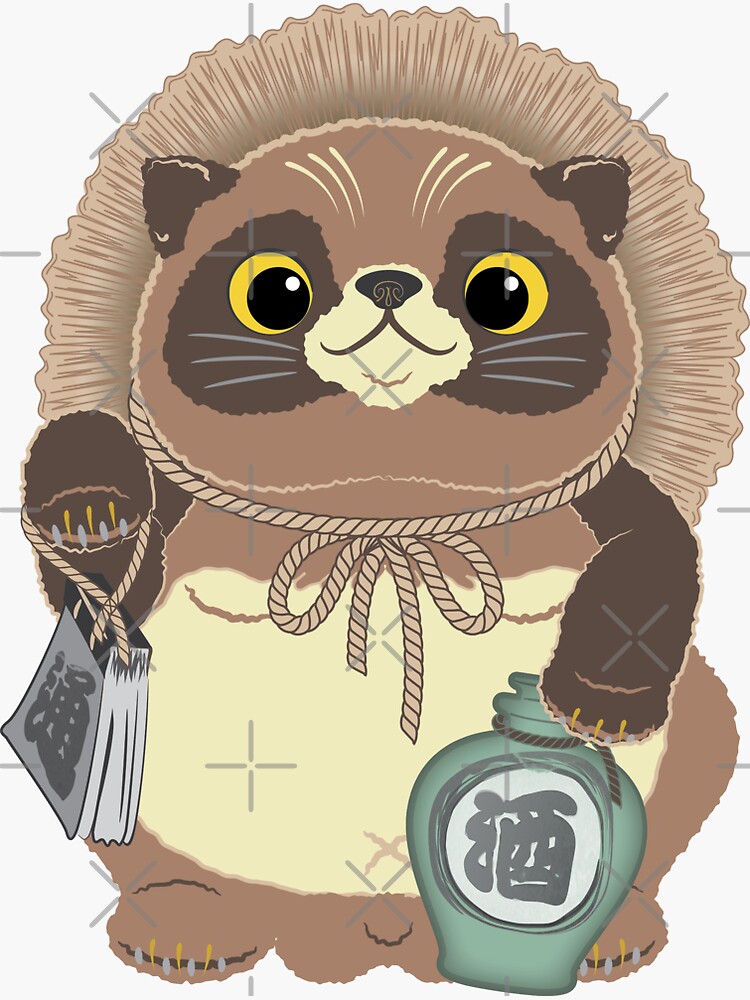 Pegatina «Kawaii japonés mapache tanuki yokai sosteniendo una lata de ...