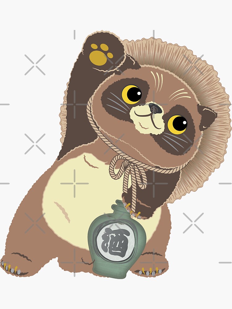 Pegatina «Kawaii japonés mapache tanuki yokai sosteniendo una lata de ...