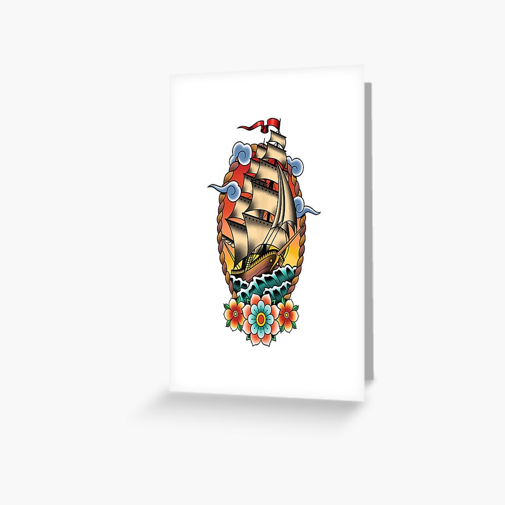 "Old School American Traditional Tattoo flash Clipper Ship" Greeting ...