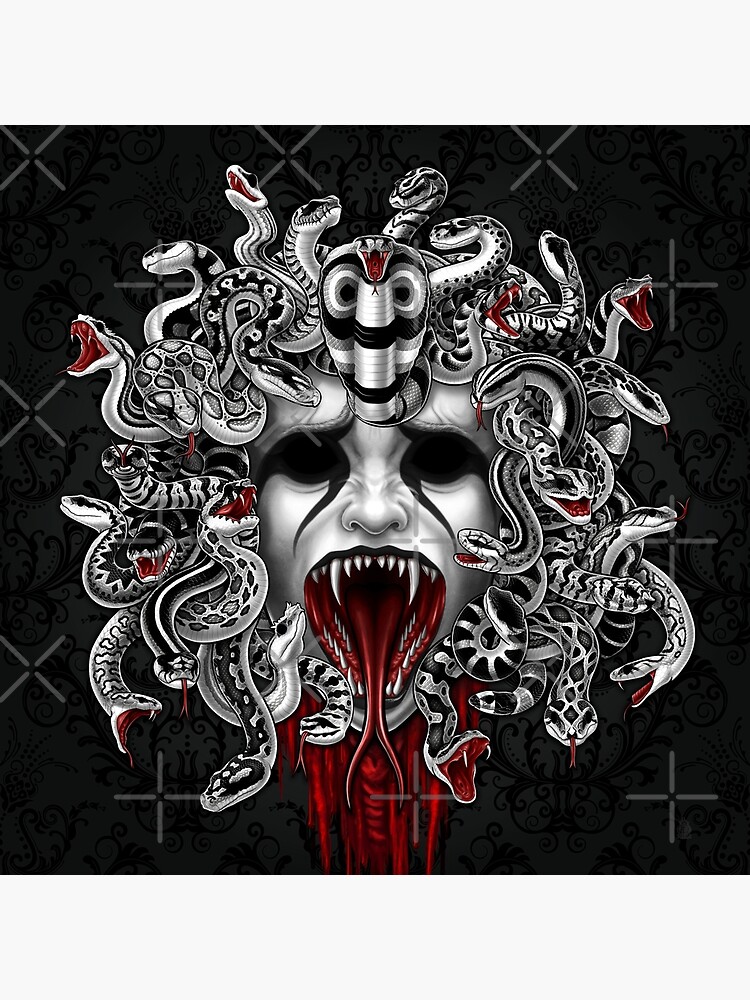 "Gothic Screaming Medusa, White Snakes - Black" Art Board Print for ...
