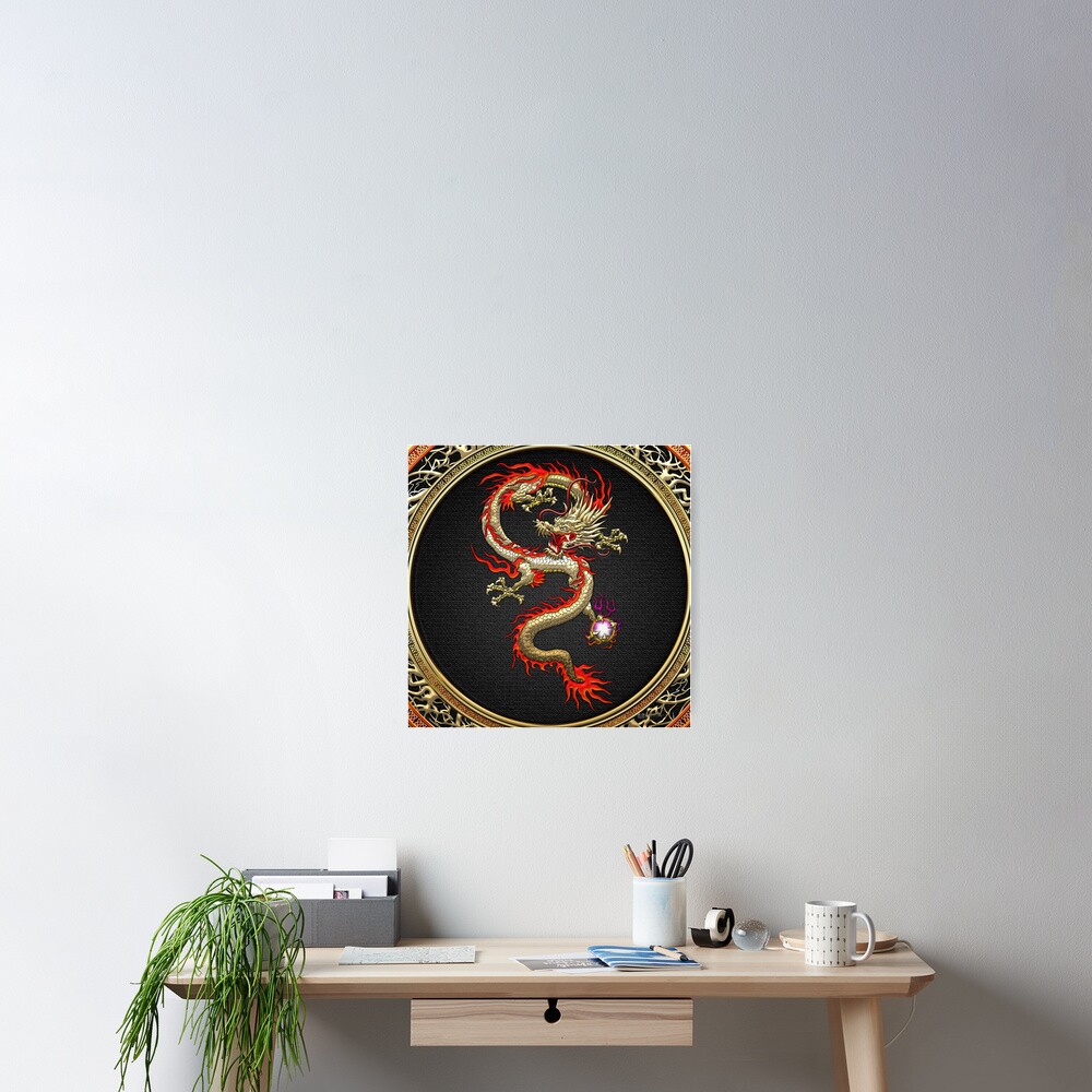 "Golden Chinese Dragon Fucanglong on Black " Poster for Sale by ...