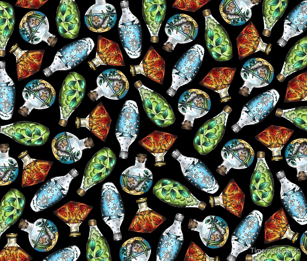 "Elemental Magic Potion Pattern on Black" by TimorousEclectc | Redbubble