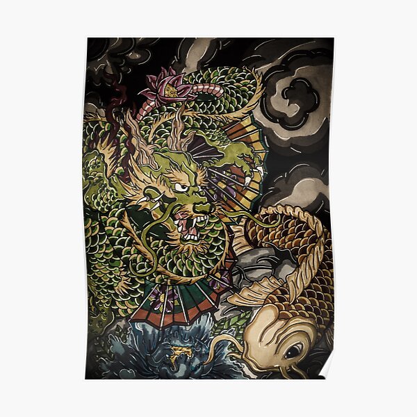 "Japanese dragon and koi fish " Poster by Thoricartist | Redbubble