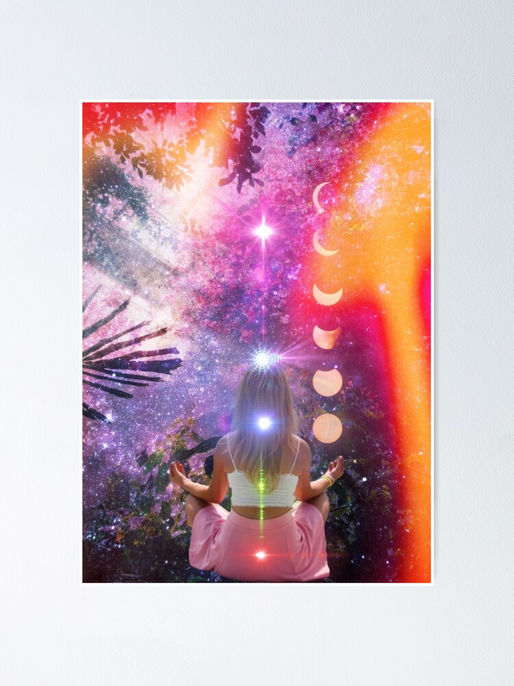 Poster « Femme spirituelle méditant avec l'art des collages des chakras ...