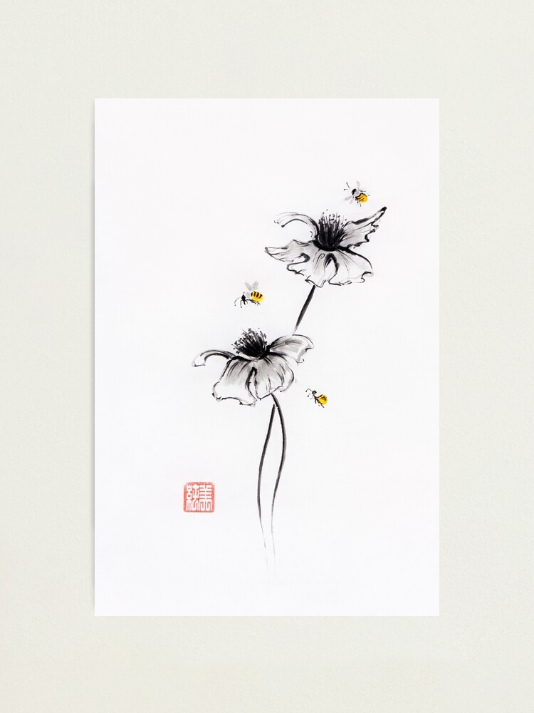 "Charming sumi-e painting of two flowers of poppies and bumble bees art ...