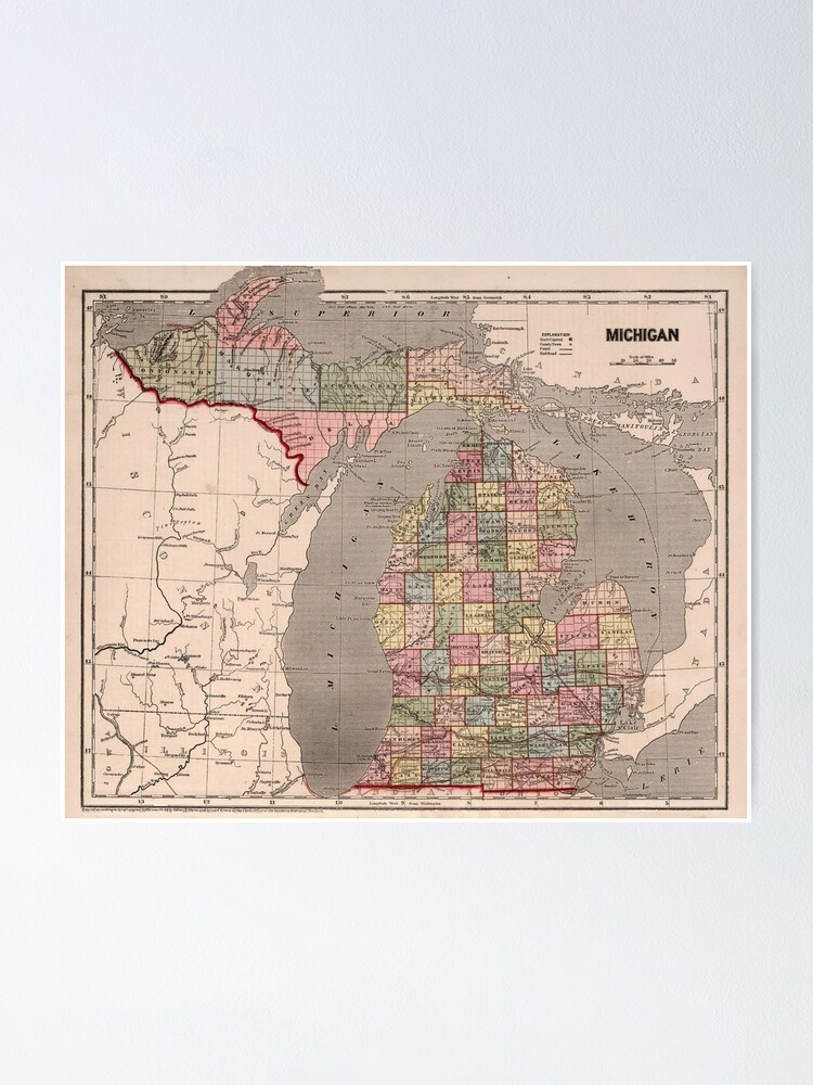 "Vintage Map of Michigan (1844)" Poster by BravuraMedia | Redbubble