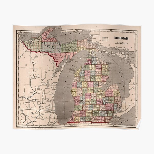 "Vintage Map of Michigan (1844)" Poster by BravuraMedia | Redbubble