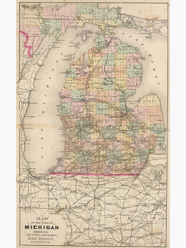 "Vintage Map of Michigan (1873)" Art Print by BravuraMedia | Redbubble