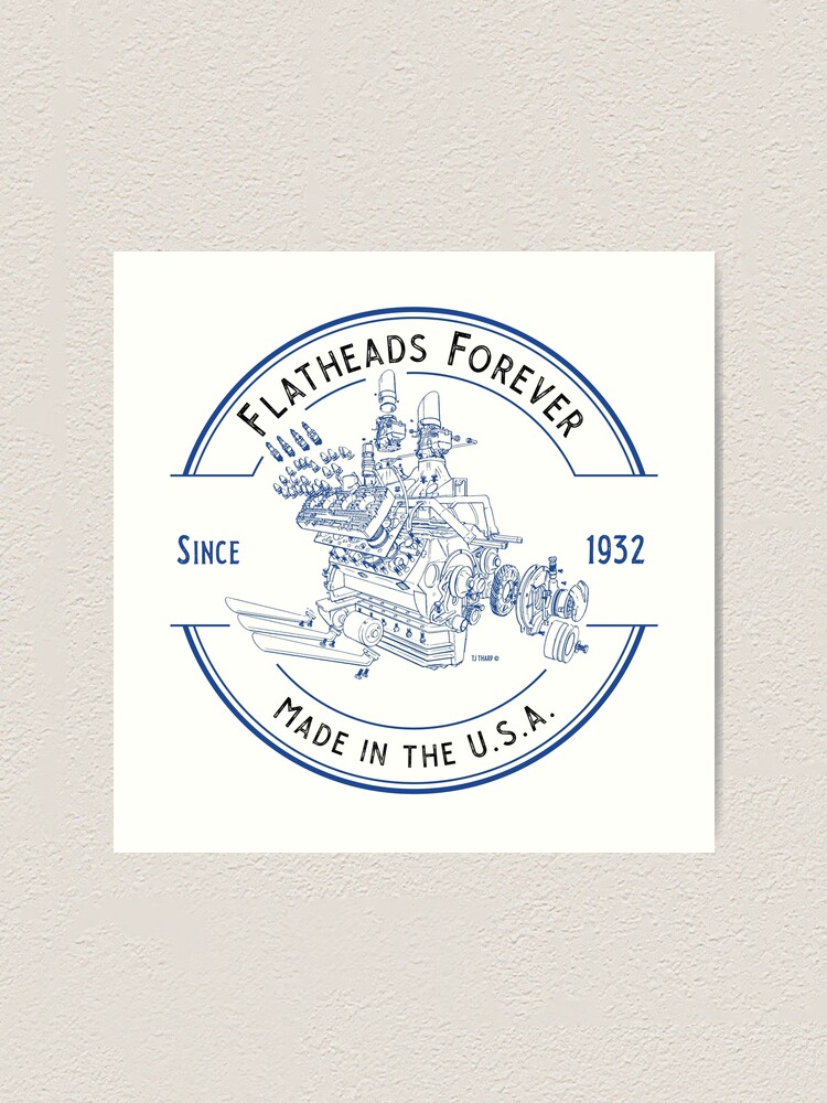 "Flatheads Forever V8 Hot Rod Engine Exploded View Blue" Art Print for ...