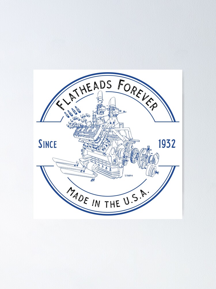Poster « Flatheads Forever V8 Hot Rod Engine Vue éclatée Bleu », par ...