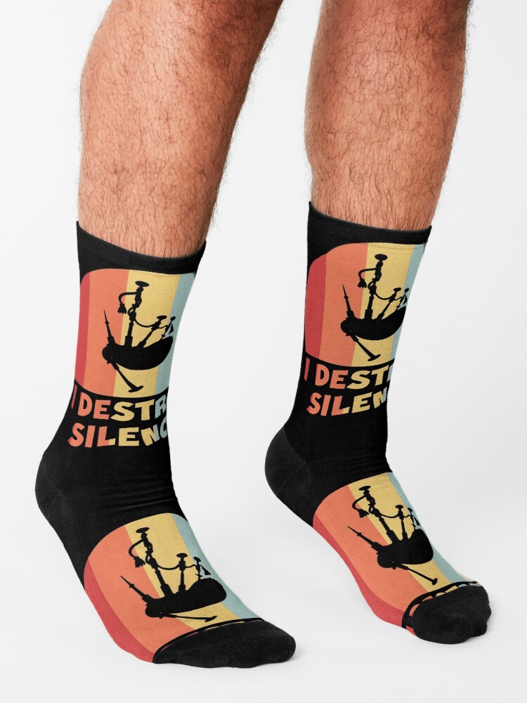 "I DESTROY SILENCE Funny Bagpipe Player " Socks for Sale by ...