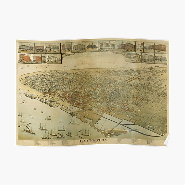 "Vintage Pictorial Map of Galveston TX (1885)" Poster by BravuraMedia ...