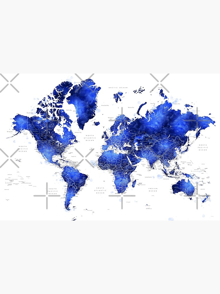 "Navy blue watercolor world map with cities" Art Print by blursbyai ...