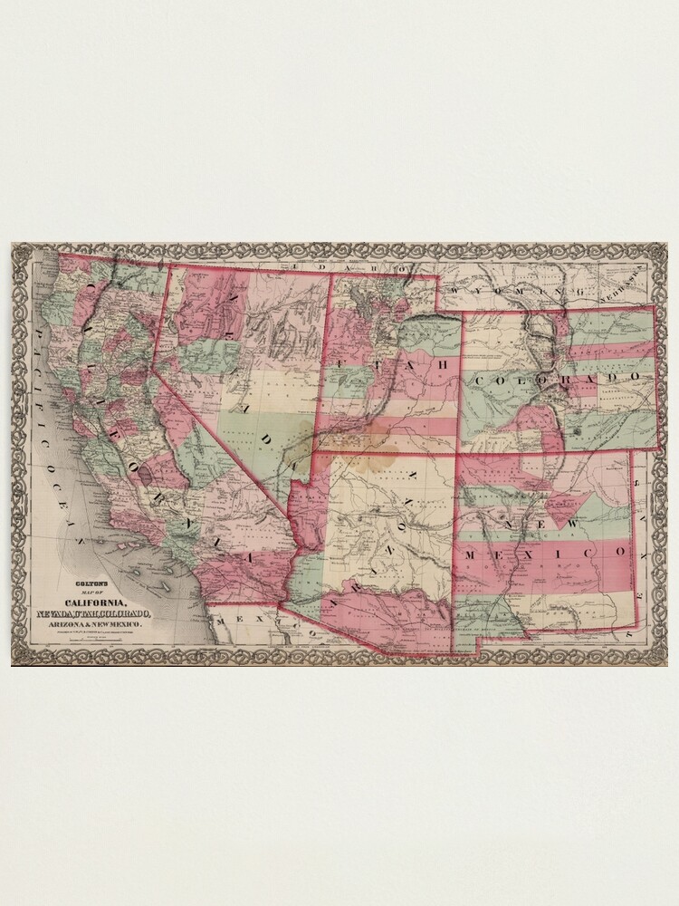 "Vintage Southwestern United States Map (1869)" Photographic Print by ...