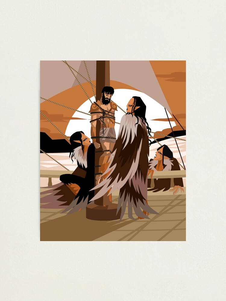 Lámina fotográfica «Ulises atados al barco con cuerdas y la sirena cantando cuento de mitología ...