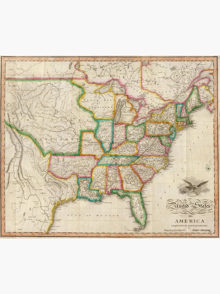 "Vintage United States Map (1822)" Sticker by BravuraMedia | Redbubble