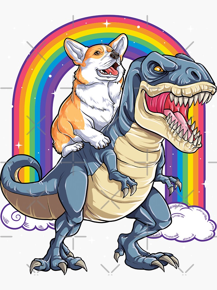 "Corgi Riding Dinosaur T rex Shirt Funny Rainbow Dog" Sticker for Sale ...