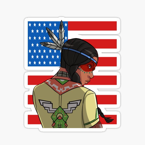 "Native American Day Female Indian Warrior American Flag" Sticker for ...