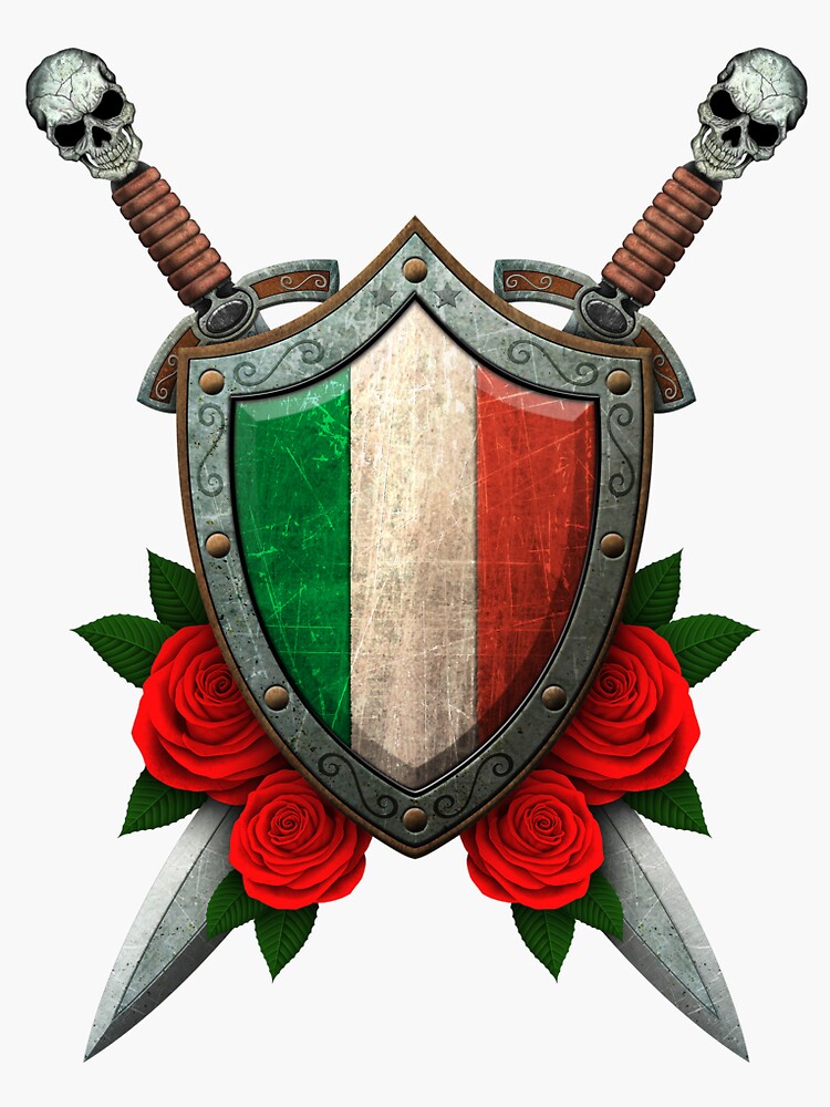 "Italian Flag on a Worn Shield and Crossed Swords" Sticker by ...