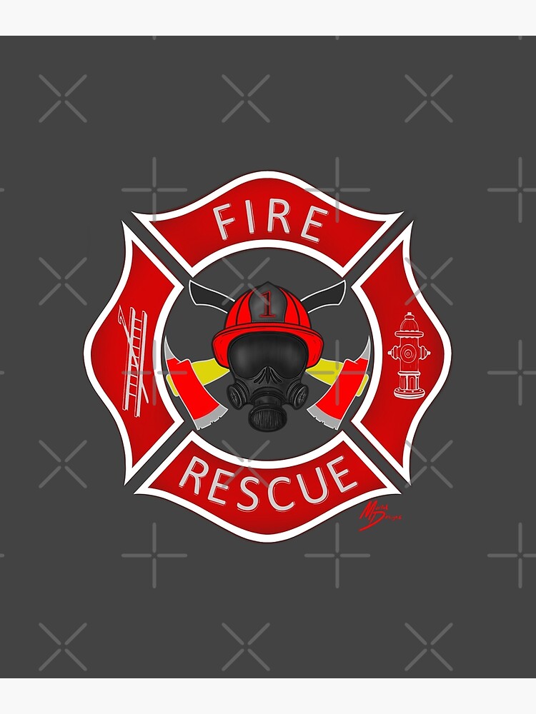 "Fire Rescue red Maltese cross and helmet firefighters symbol" Poster ...