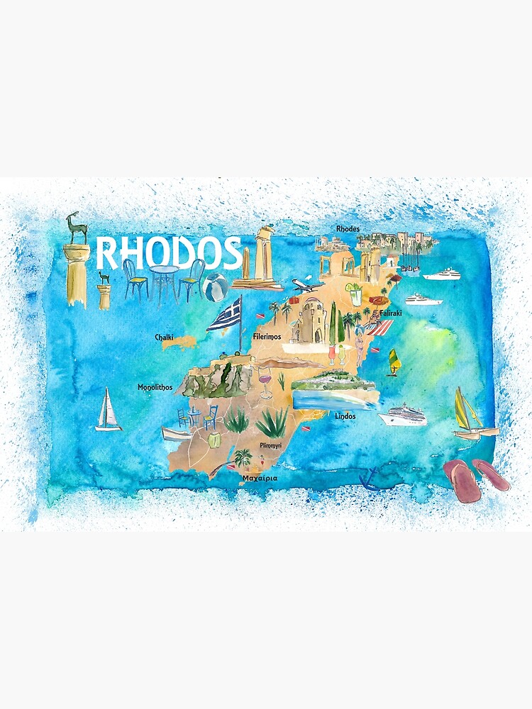 "Rhodes Greece Illustrated Map with Landmarks and Highlights " Postcard ...