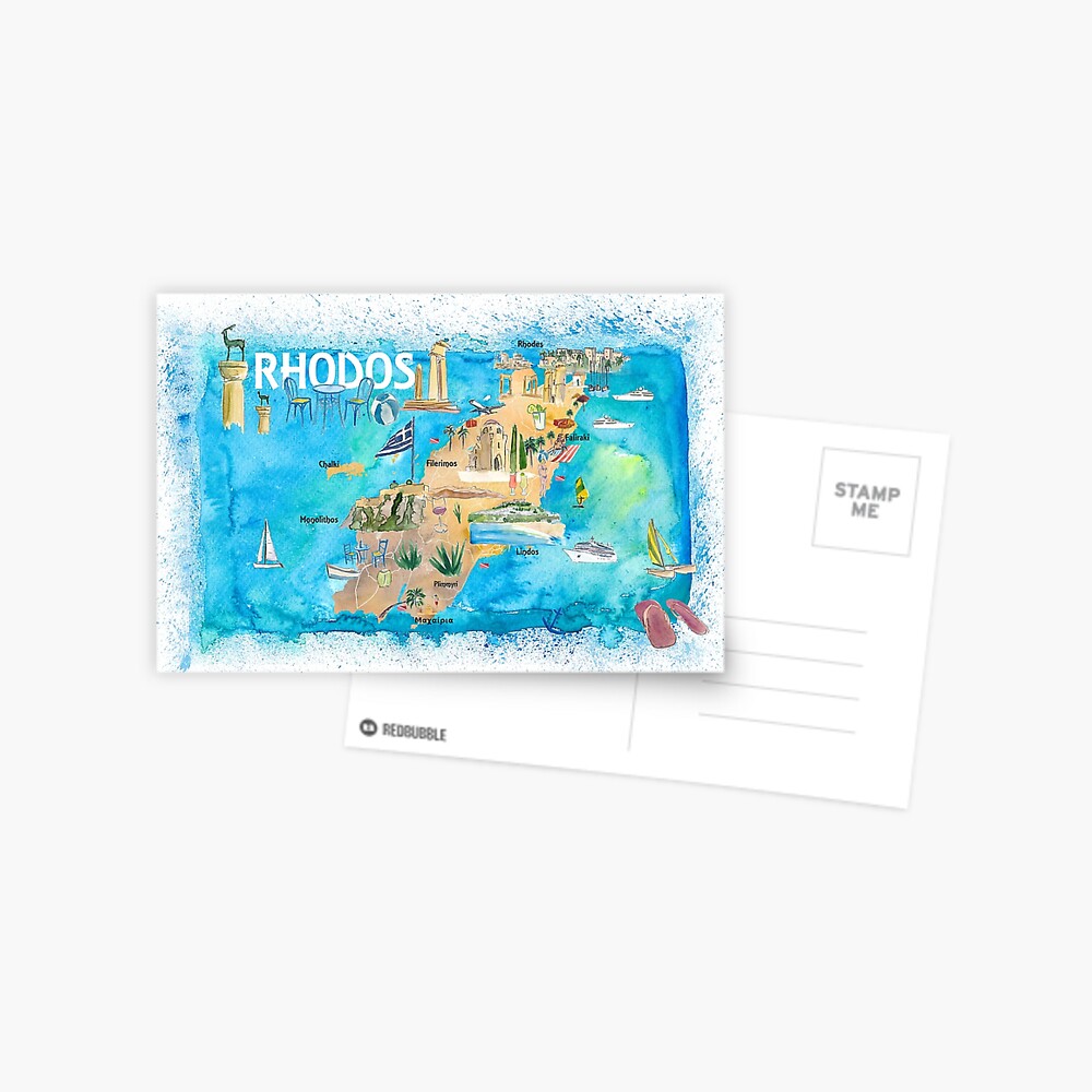 "Rhodes Greece Illustrated Map with Landmarks and Highlights " Postcard ...